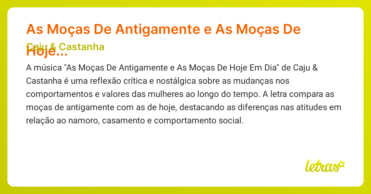Significado da música As Moças De Antigamente e As Moças De Hoje Em Dia ...