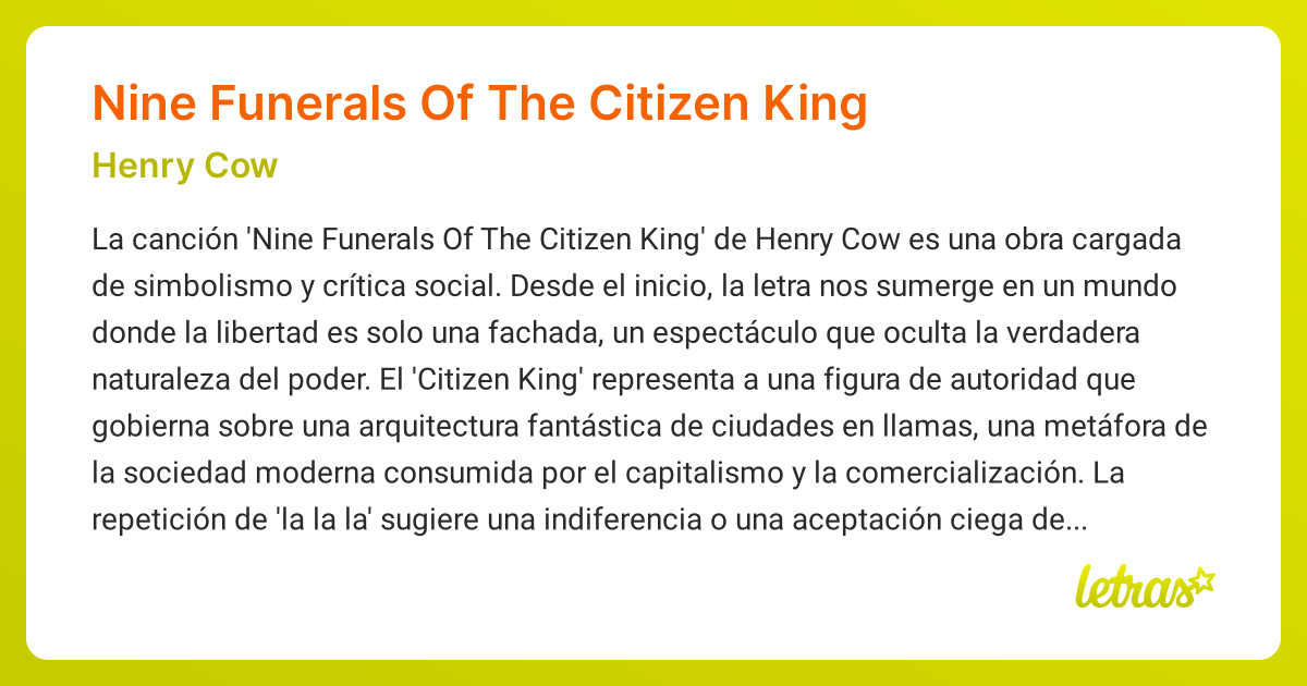 Significado de la canción Nine Funerals Of The Citizen King (Henry Cow ...