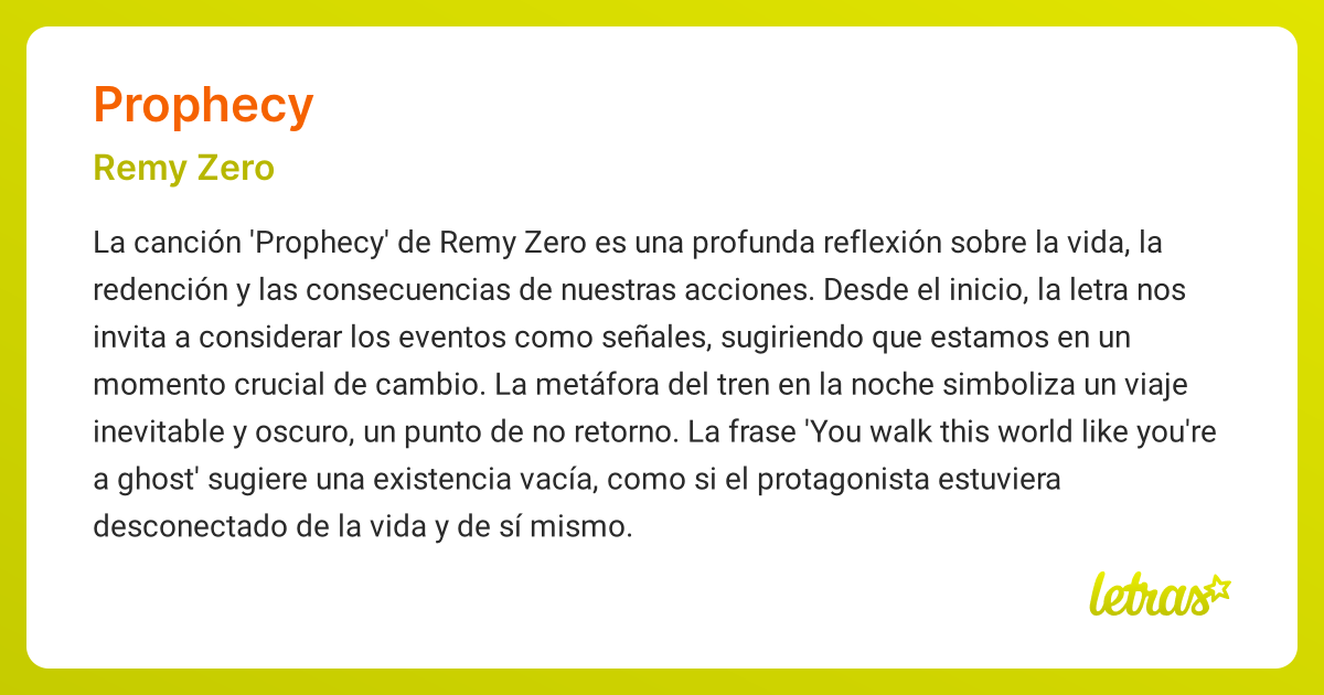 Significado de la canción PROPHECY (Remy Zero) - LETRAS.COM