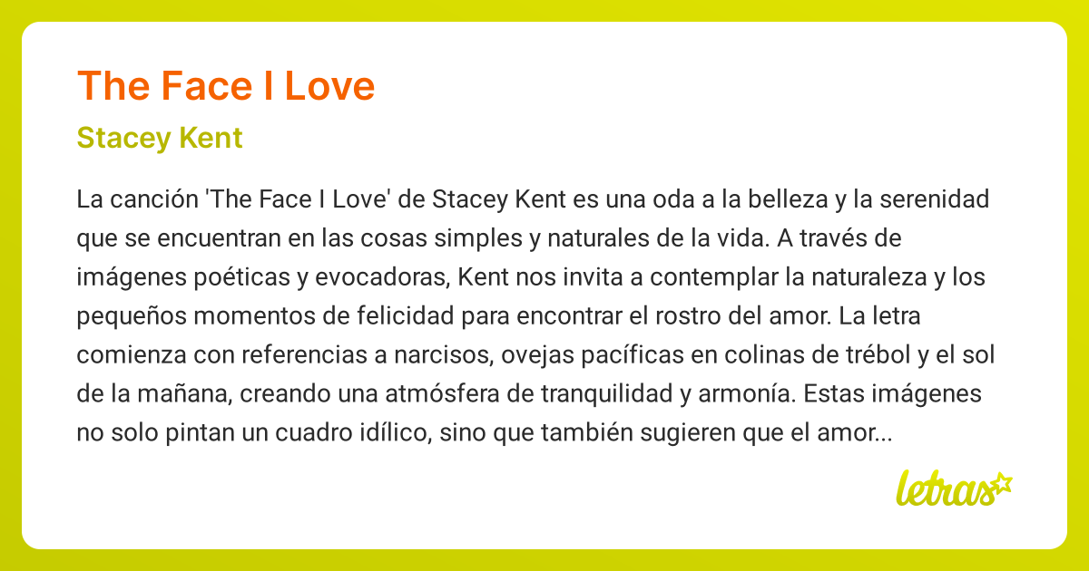 Significado de la canción THE FACE I LOVE (Stacey Kent) - LETRAS.COM