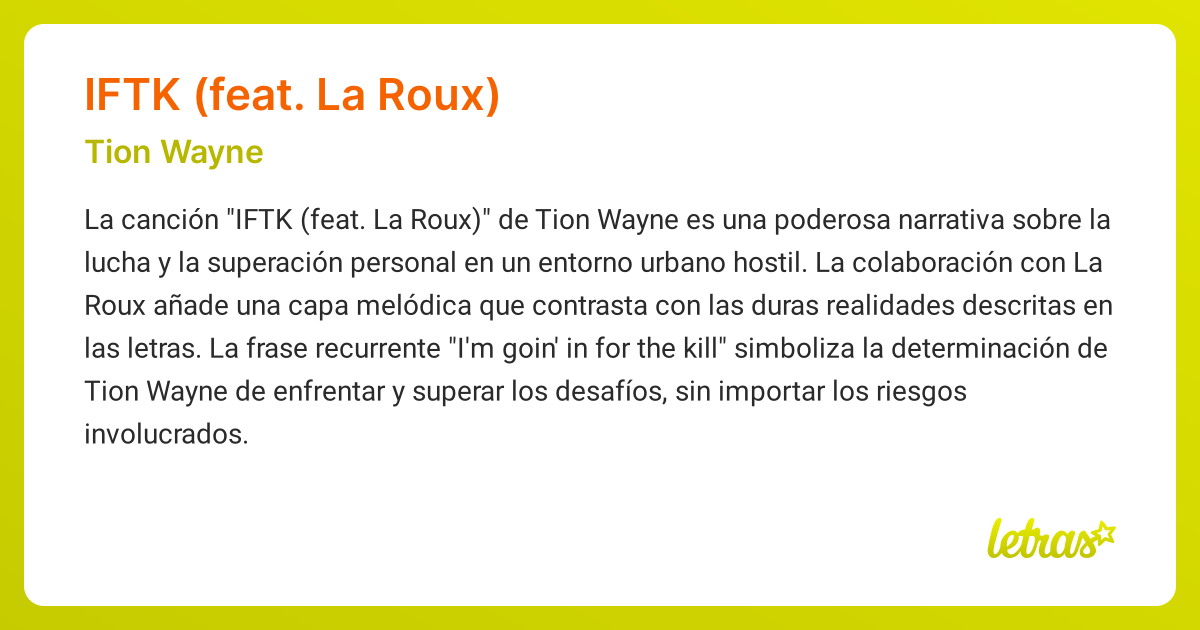 Significado de la canción IFTK (FEAT. LA ROUX) (Tion Wayne) - LETRAS.COM