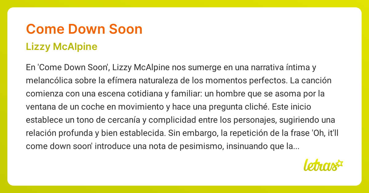 Significado de la canción COME DOWN SOON (Lizzy McAlpine) - LETRAS.COM