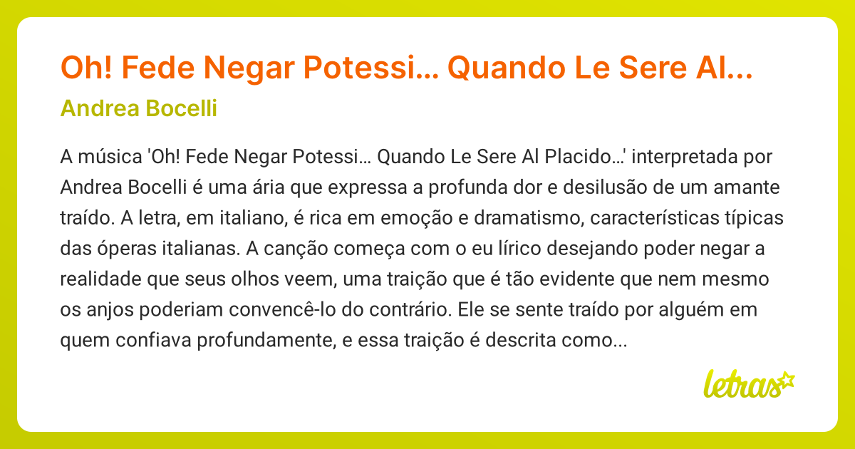 Significado da música Oh! Fede Negar Potessi… Quando Le Sere Al Placido ...