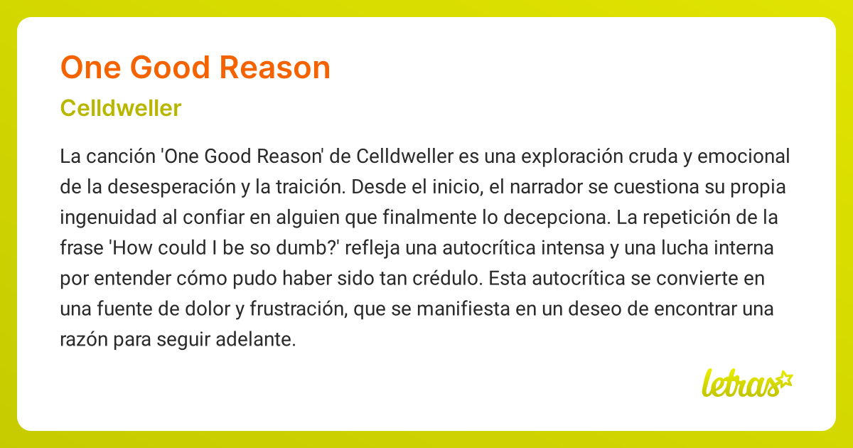 Significado de la canción ONE GOOD REASON (Celldweller) - LETRAS.COM