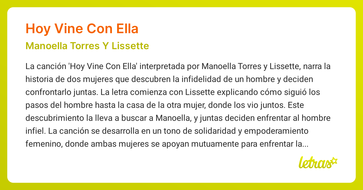 Significado de la canción HOY VINE CON ELLA (Manoella Torres Y Lissette ...