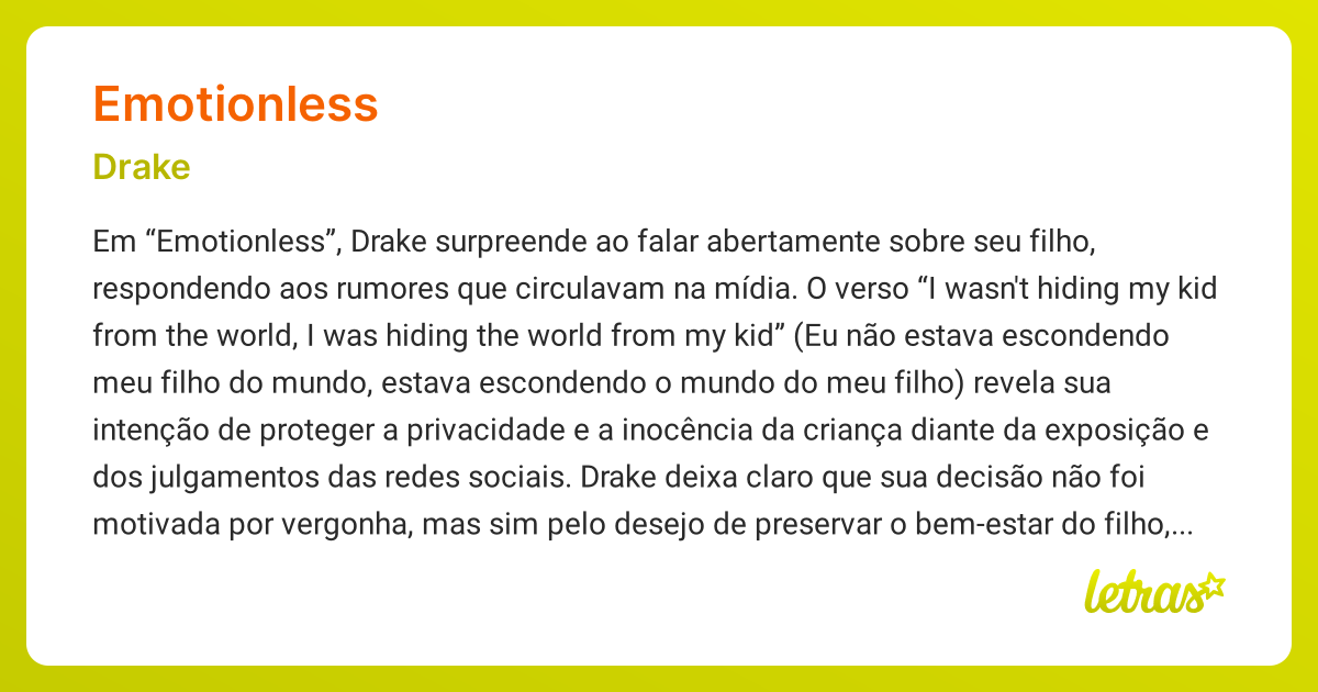 Significado da música EMOTIONLESS (Drake) - LETRAS.MUS.BR
