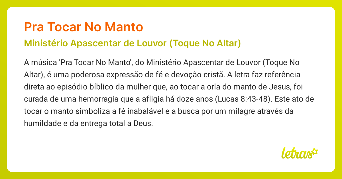 Significado da música PRA TOCAR NO MANTO (Ministério Apascentar de ...