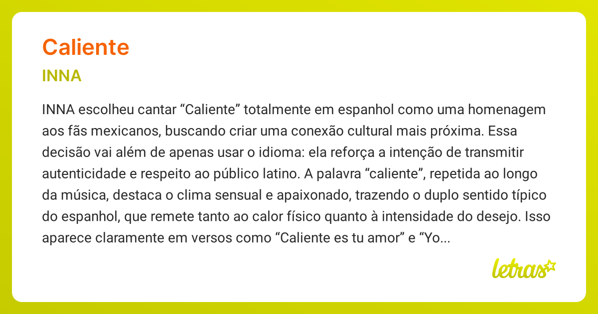 Significado da música CALIENTE (INNA) - LETRAS.MUS.BR