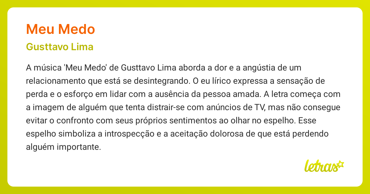 Significado da música MEU MEDO (Gusttavo Lima) - LETRAS.MUS.BR