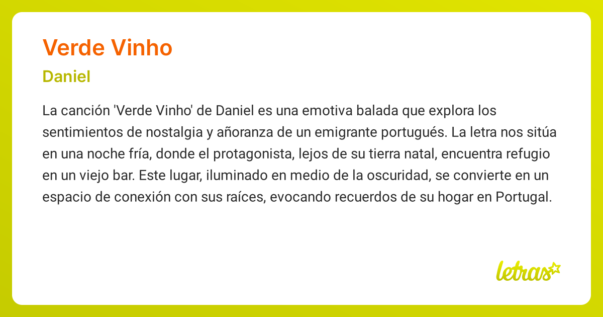 Significado de la canción VERDE VINHO (Daniel) - LETRAS.COM