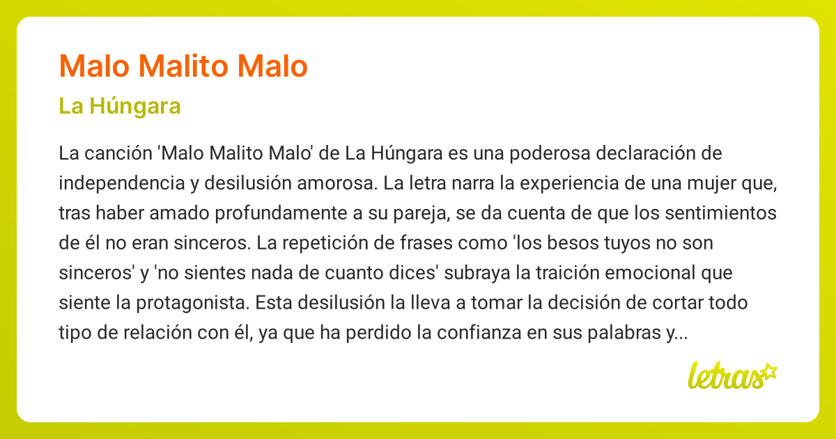 Significado de la canción MALO MALITO MALO (La Húngara) - LETRAS.COM