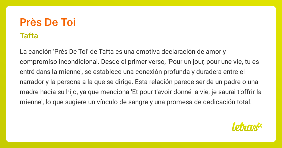Significado de la canción PRÈS DE TOI (Tafta) - LETRAS.COM