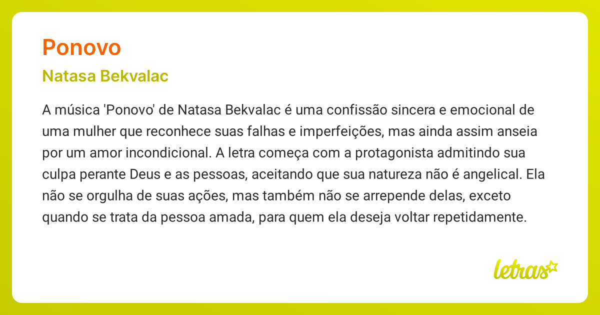 Significado da música PONOVO (Natasa Bekvalac) - LETRAS.MUS.BR