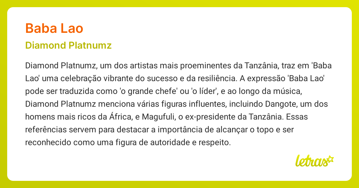 Significado da música BABA LAO (Diamond Platnumz) - LETRAS.MUS.BR