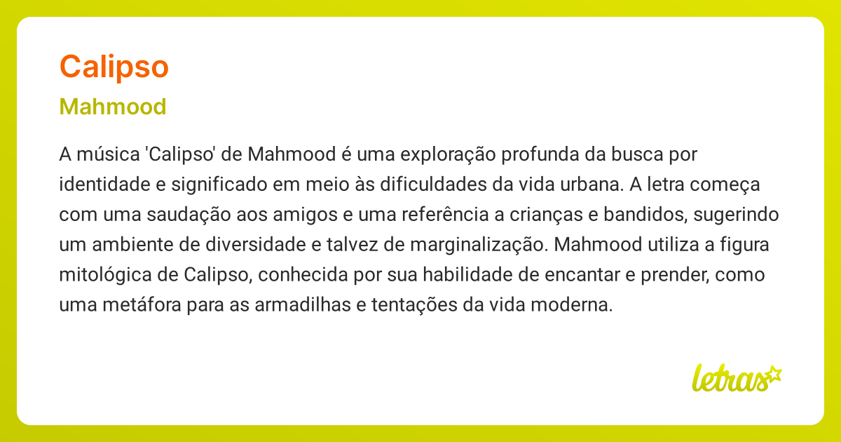 Significado da música CALIPSO (Mahmood) - LETRAS.MUS.BR