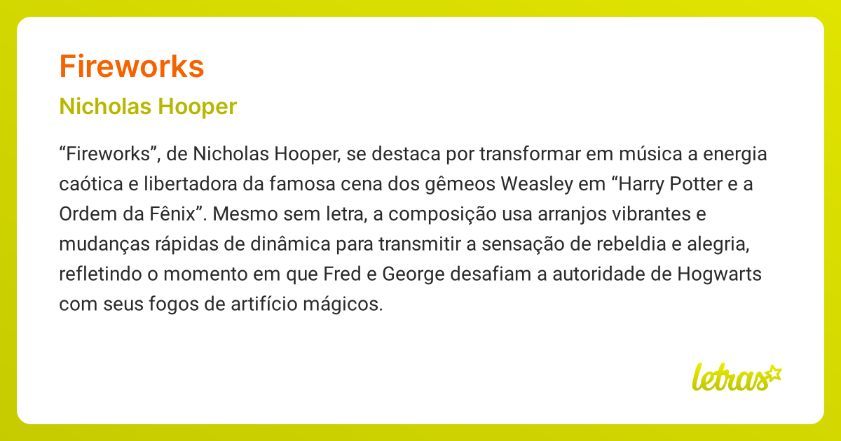 Significado da música FIREWORKS (Nicholas Hooper) - LETRAS.MUS.BR
