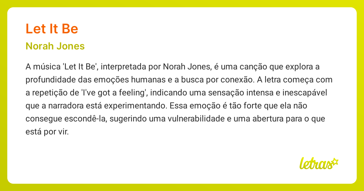 Significado da música LET IT BE (Norah Jones) - LETRAS.MUS.BR