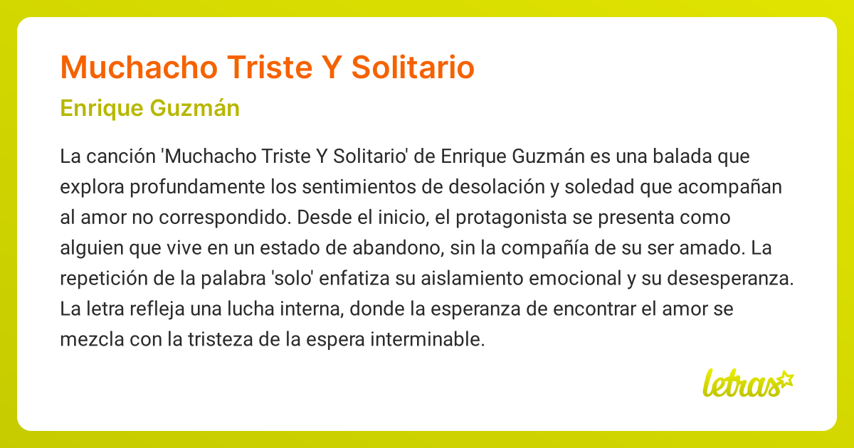 Significado de la canción MUCHACHO TRISTE Y SOLITARIO (Enrique Guzmán ...