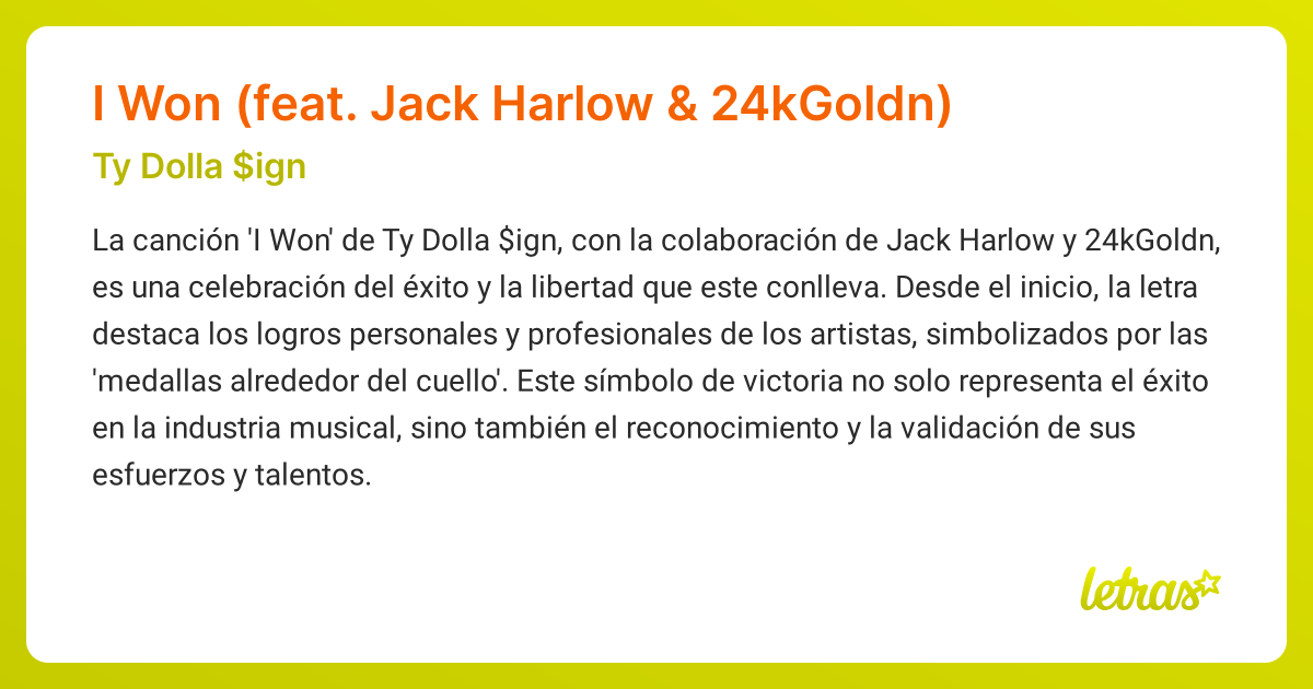 Significado de la canción I Won (feat. Jack Harlow & 24kGoldn) (Ty ...
