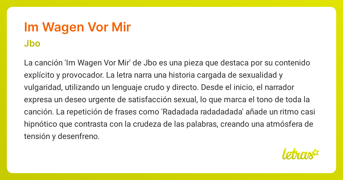 Significado de la canción IM WAGEN VOR MIR (Jbo) - LETRAS.COM