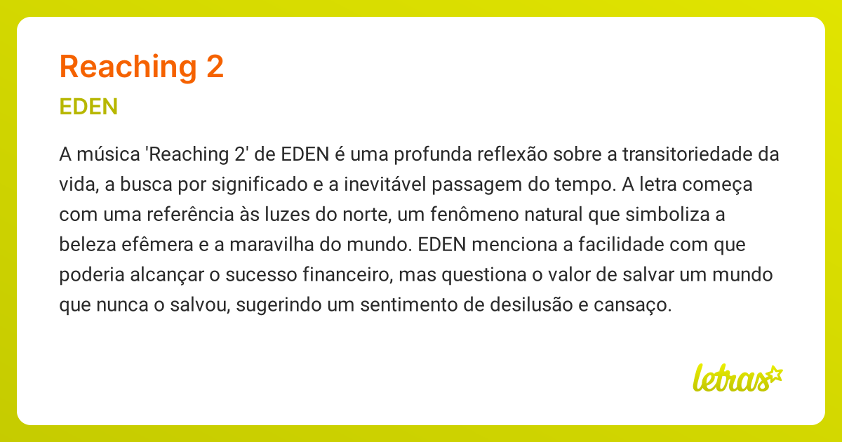 Significado da música REACHING 2 (EDEN) - LETRAS.MUS.BR