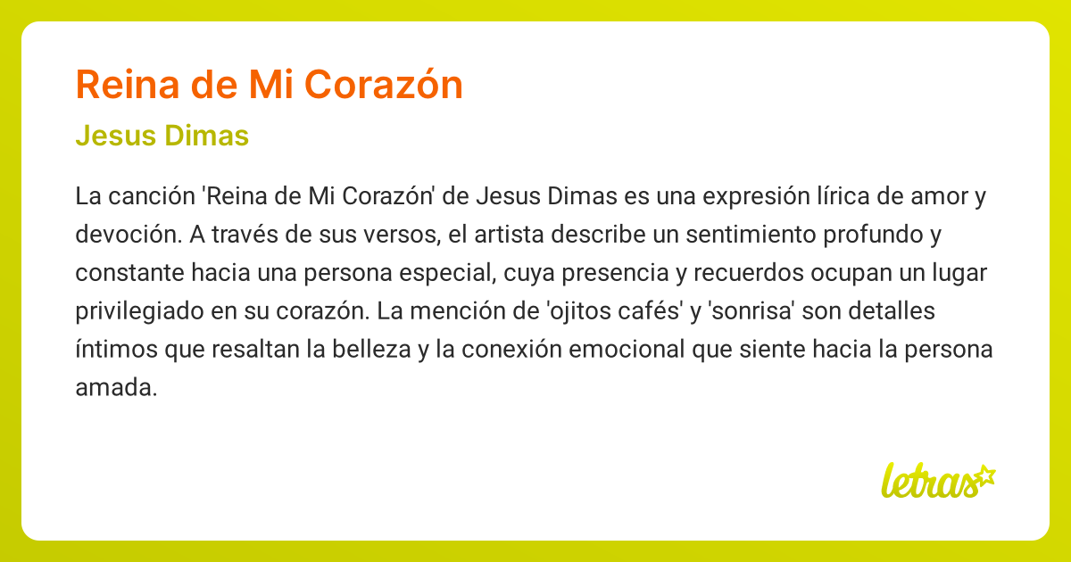 Significado de la canción REINA DE MI CORAZÓN (Jesus Dimas) - LETRAS.COM