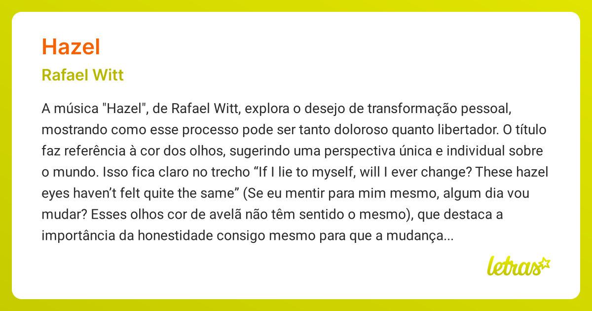 Significado da música HAZEL (Rafael Witt) - LETRAS.MUS.BR