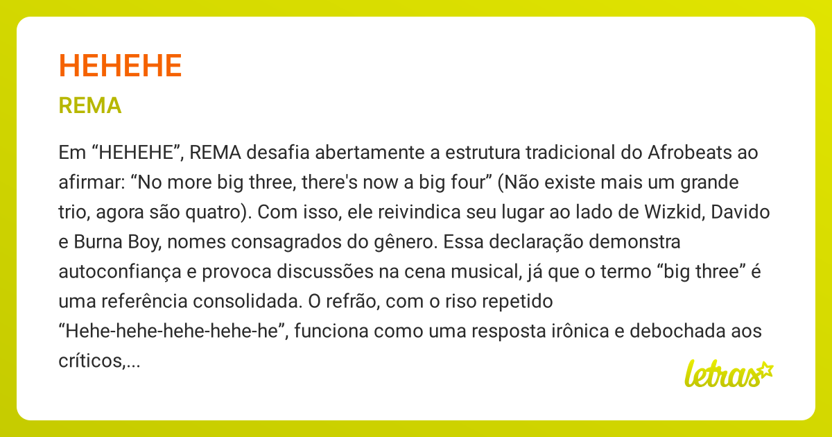 Significado da música HEHEHE (REMA) - LETRAS.MUS.BR