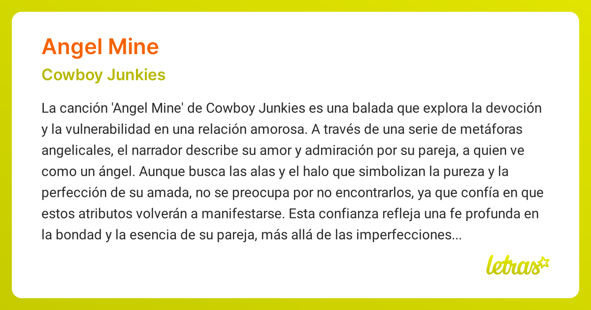 Significado de la canción ANGEL MINE (Cowboy Junkies) - LETRAS.COM