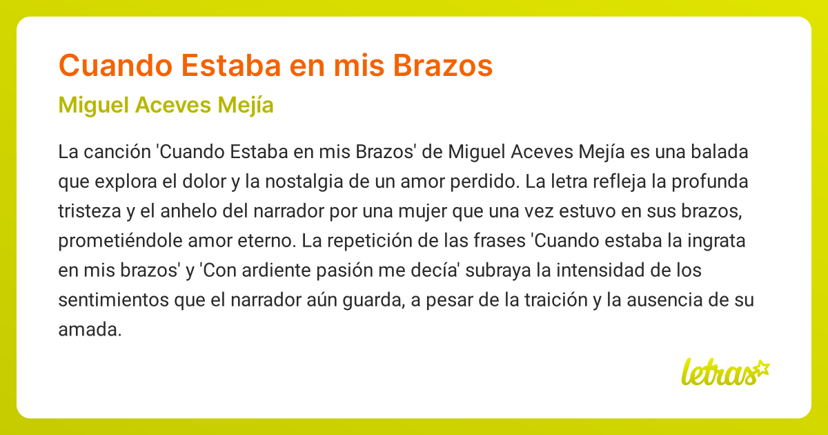 Significado de la canción CUANDO ESTABA EN MIS BRAZOS (Miguel Aceves ...