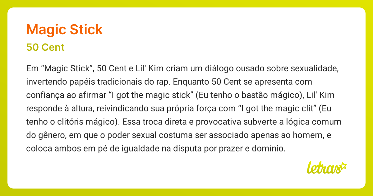 Significado da música MAGIC STICK (50 Cent) - LETRAS.MUS.BR