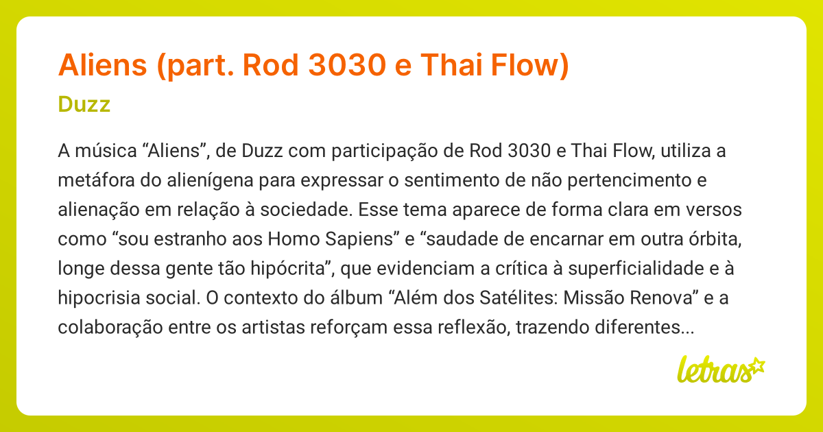 Significado da música Aliens (part. Rod 3030 e Thai Flow) (Duzz ...
