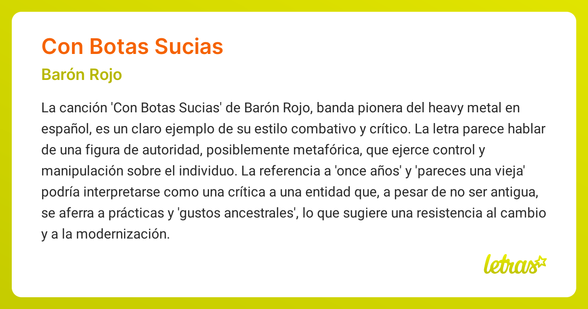 Significado de la canción CON BOTAS SUCIAS (Barón Rojo) - LETRAS.COM