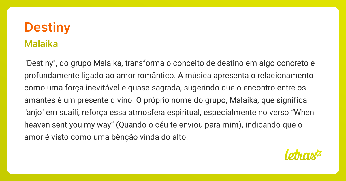 Significado da música DESTINY (Malaika) - LETRAS.MUS.BR
