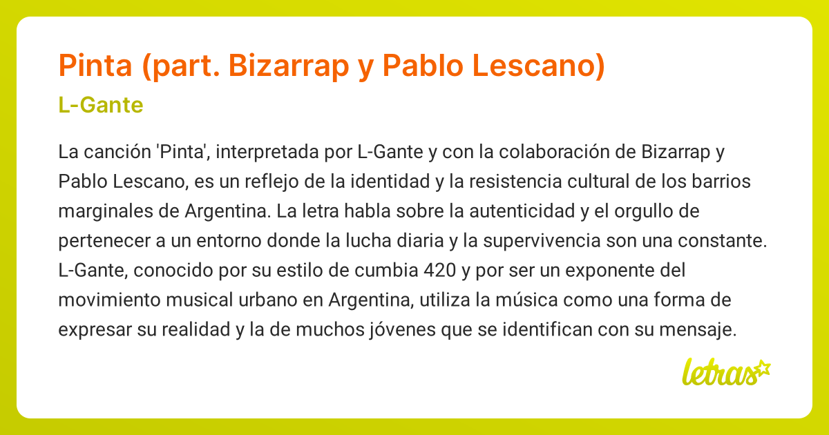 Significado de la canción Pinta (part. Bizarrap y Pablo Lescano) (L ...