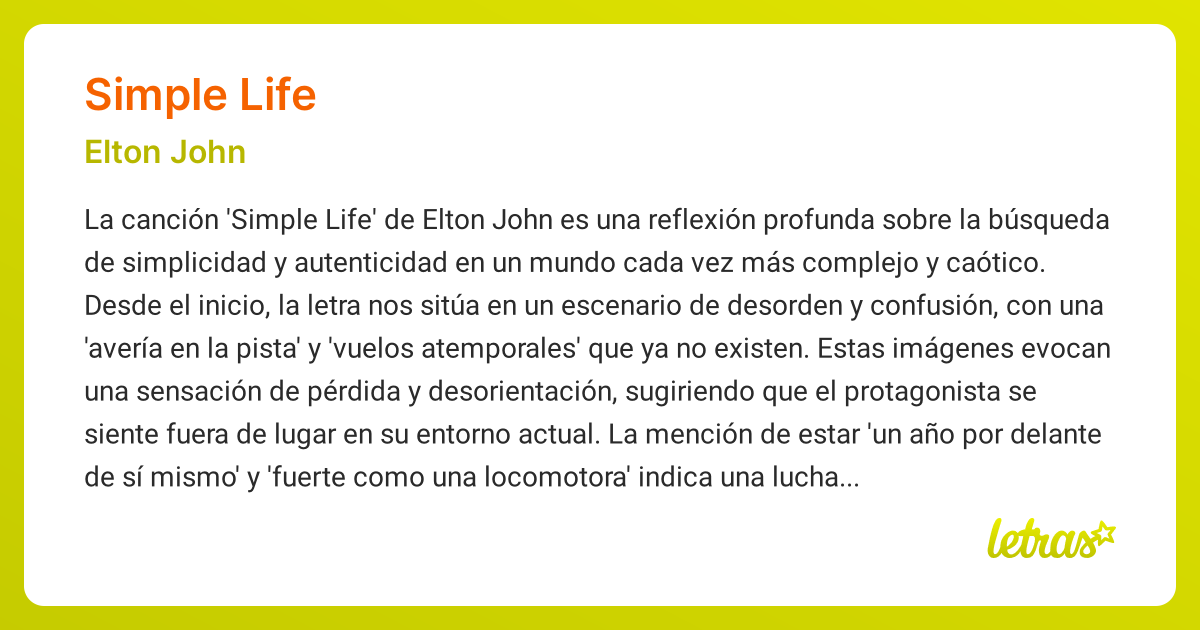 Significado de la canción SIMPLE LIFE (Elton John) - LETRAS.COM