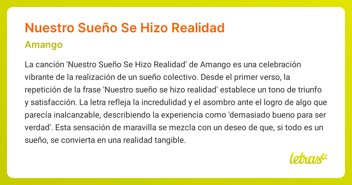 Significado de la canción Nuestro Sueño Se Hizo Realidad (Amango ...