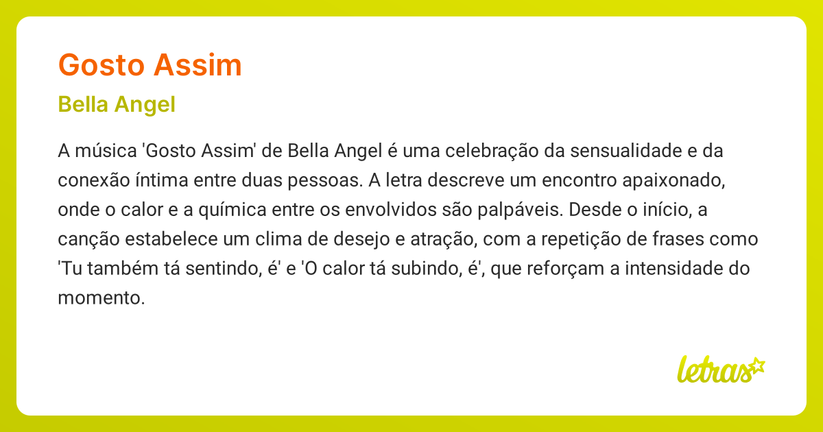 Significado da música GOSTO ASSIM (Bella Angel) - LETRAS.MUS.BR