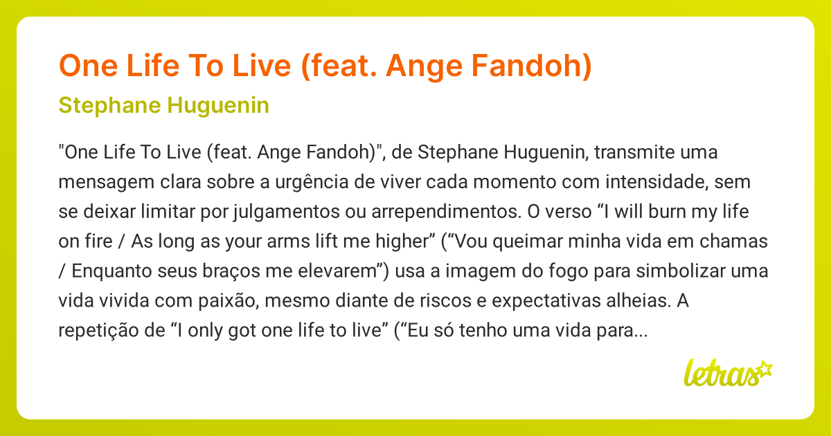 Significado da música One Life To Live (feat. Ange Fandoh) (Stephane ...