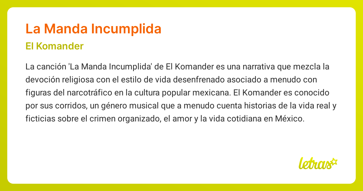 Significado de la canción LA MANDA INCUMPLIDA (El Komander) - LETRAS.COM