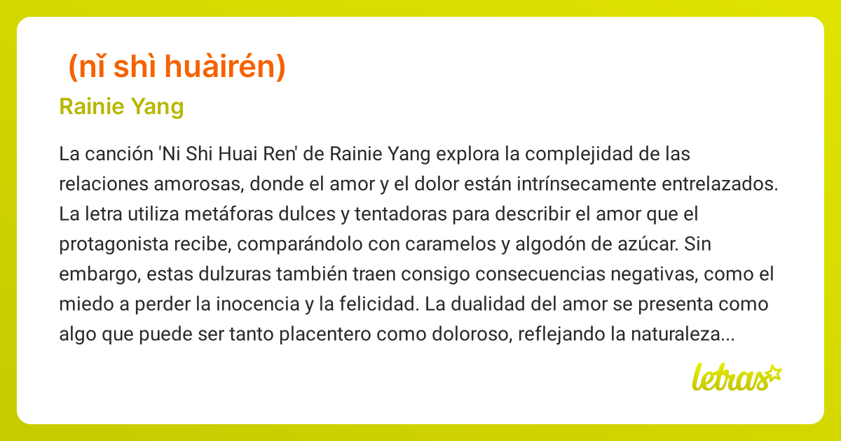 Significado de la canción 你是坏人 (nǐ shì huàirén) (Rainie Yang) - LETRAS.COM