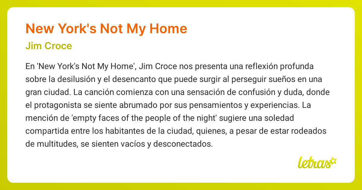 Significado de la canción NEW YORK'S NOT MY HOME (Jim Croce) - LETRAS.COM