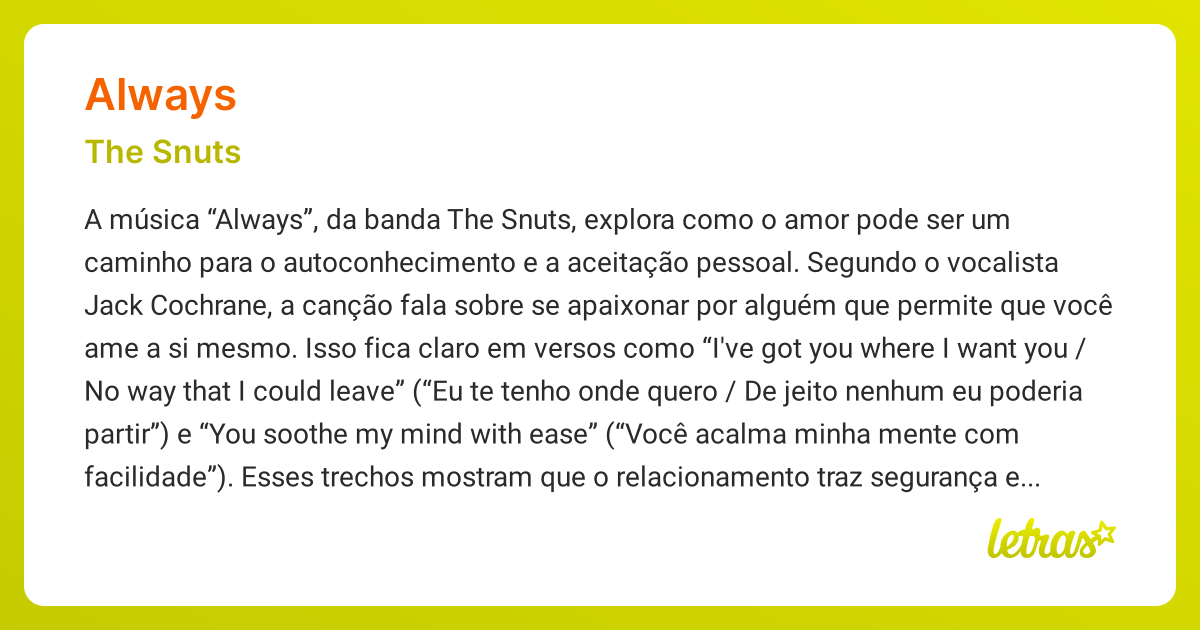 Significado da música ALWAYS (The Snuts) - LETRAS.MUS.BR
