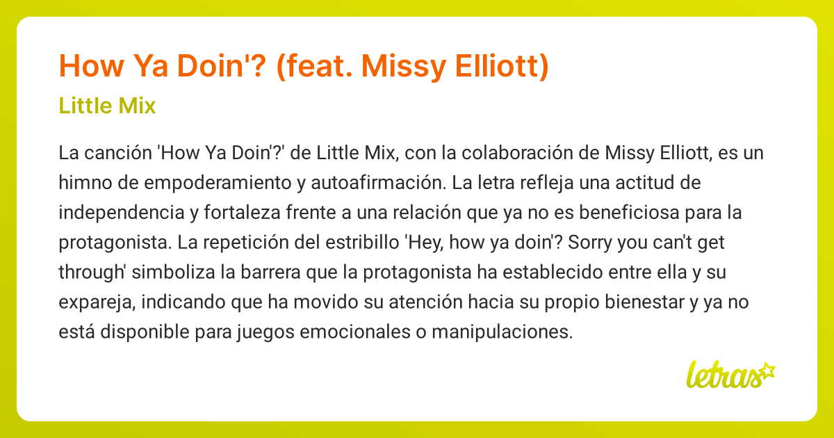 Significado de la canción How Ya Doin'? (feat. Missy Elliott) (Little ...