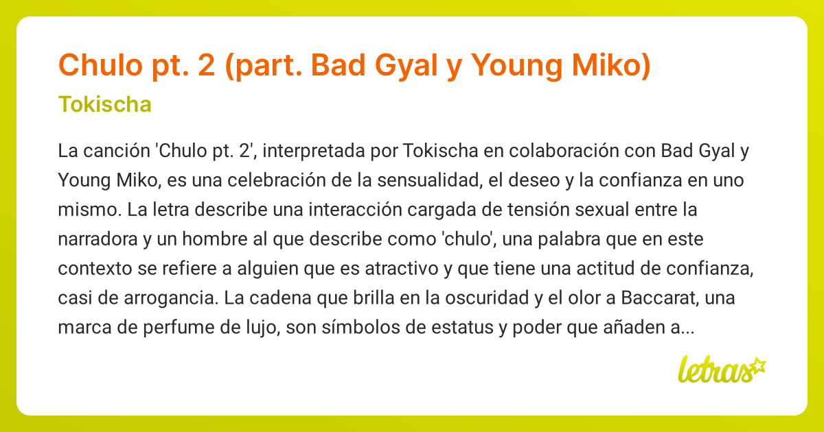 Significado de la canción Chulo pt. 2 (part. Bad Gyal y Young Miko ...