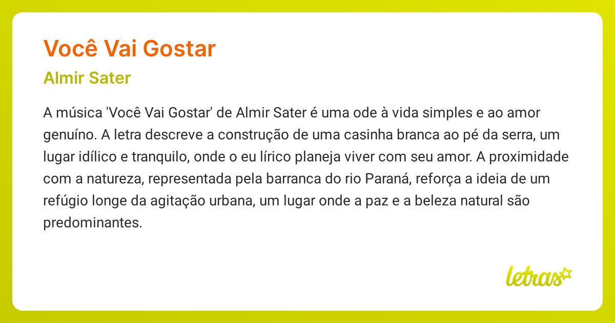 Significado da música VOCÊ VAI GOSTAR (Almir Sater) - LETRAS.MUS.BR