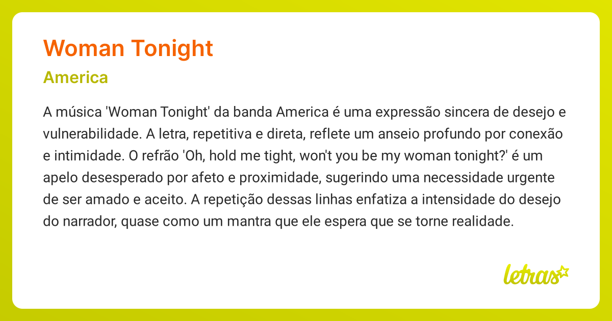 Significado da música WOMAN TONIGHT (America) - LETRAS.MUS.BR