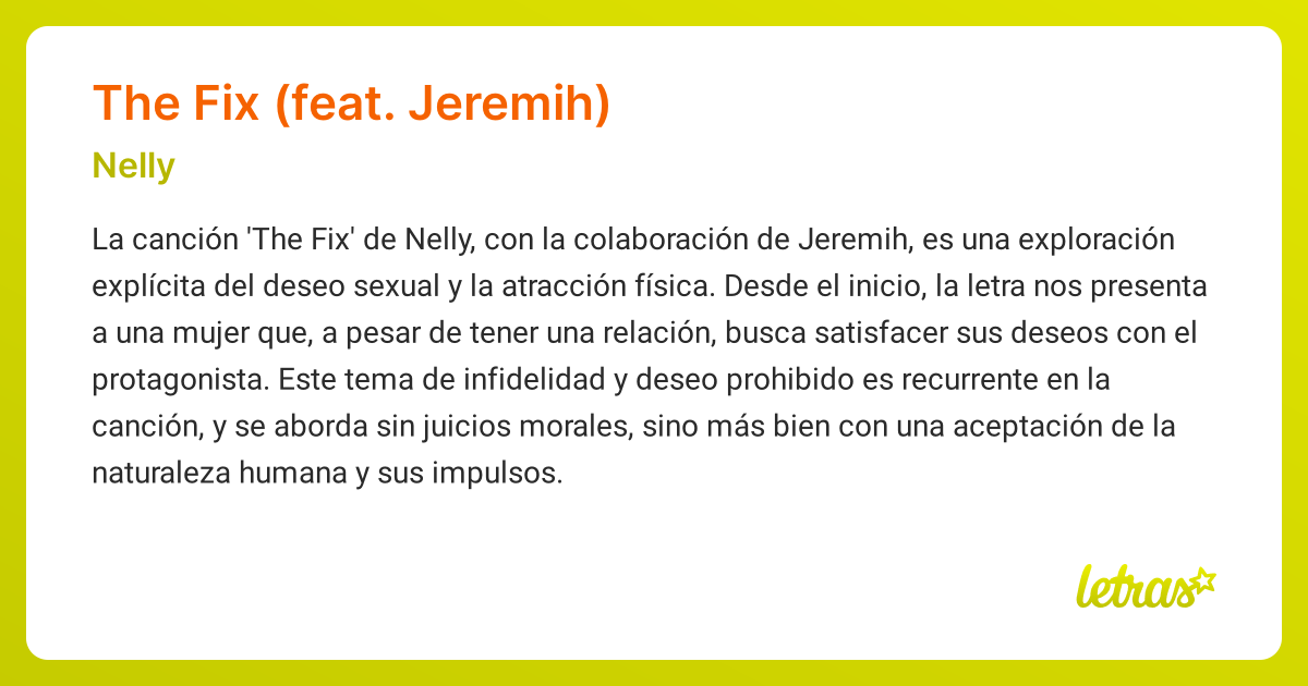 Significado de la canción THE FIX (FEAT. JEREMIH) (Nelly) - LETRAS.COM