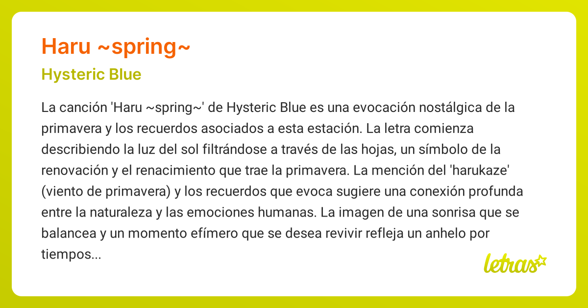 Significado de la canción HARU ~SPRING~ (Hysteric Blue) - LETRAS.COM