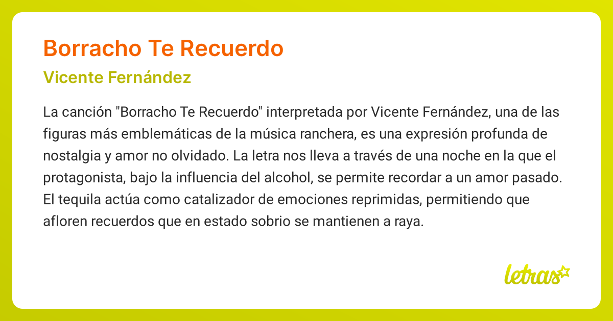 Significado de la canción BORRACHO TE RECUERDO (Vicente Fernández) - LETRAS.COM